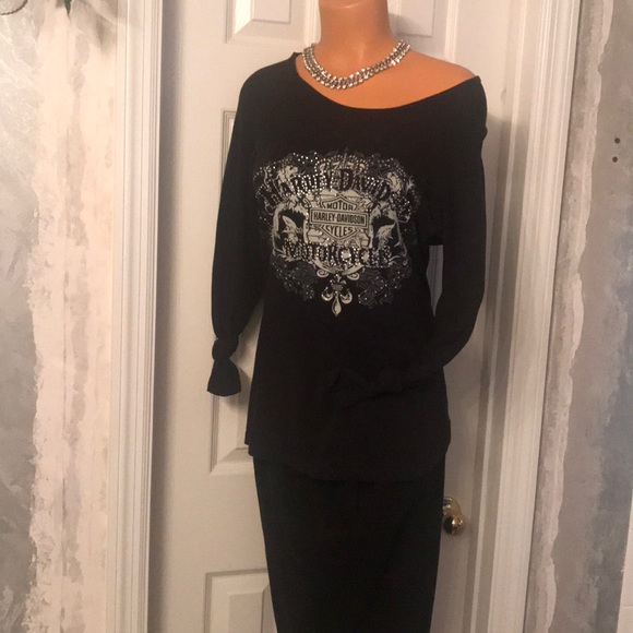 Harley-Davidson | Tops | Black Rhinestone Harley Davidson Oversized ...